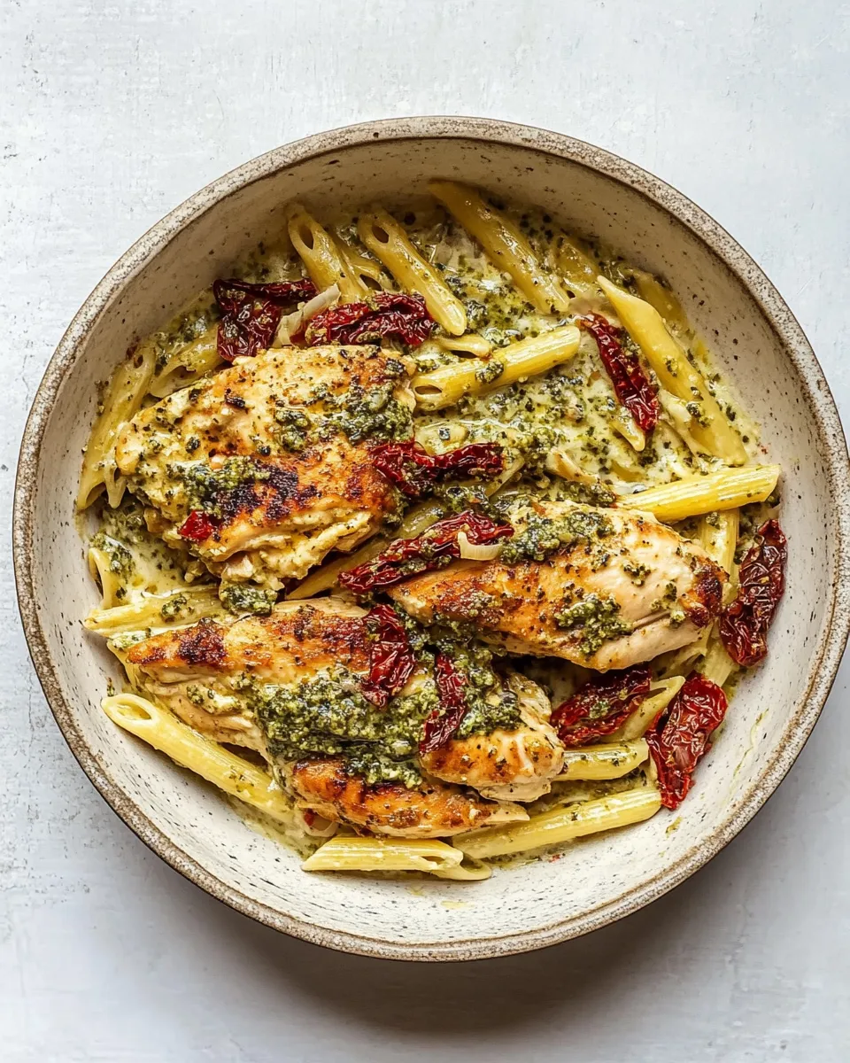 Basil Pesto Chicken with Alfredo Penne and Sun Dried Tomatoes - ForkandPan