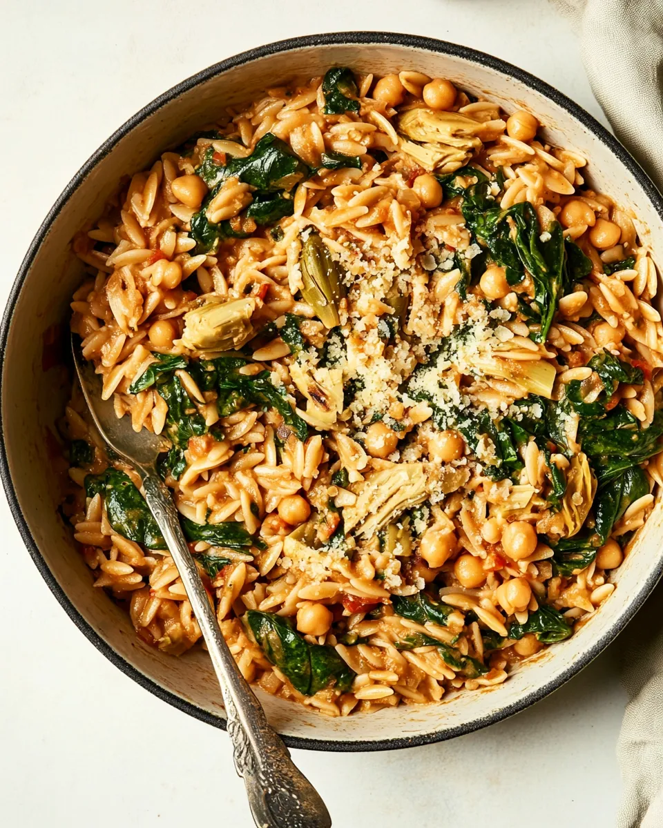 One-Pot Spinach Artichoke Orzo with Chickpeas (Vegan) - ForkandPan