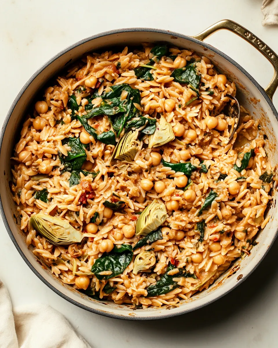 One-Pot Spinach Artichoke Orzo with Chickpeas (Vegan) - ForkandPan