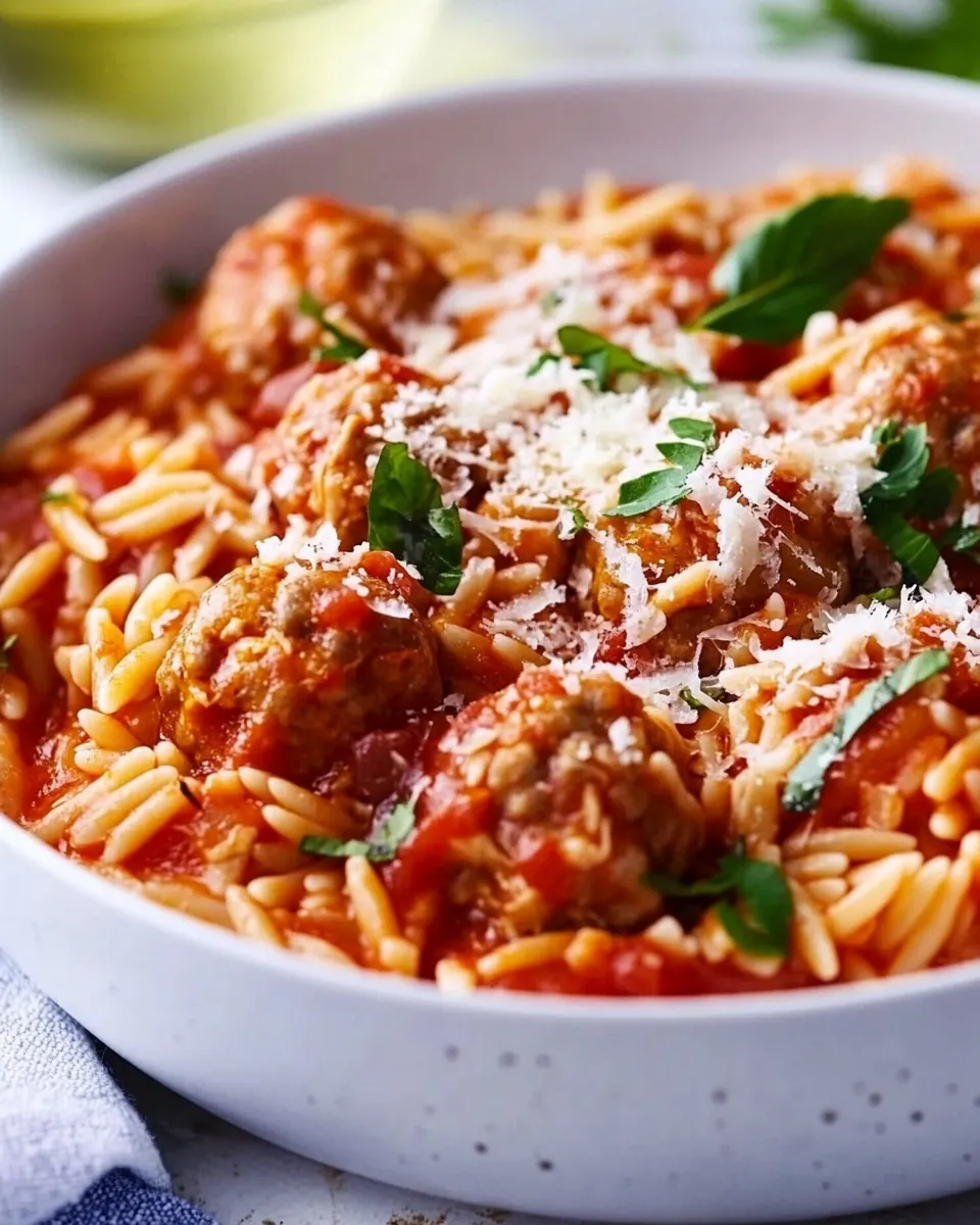 One Pot Chicken Meatball Orzo - ForkandPan