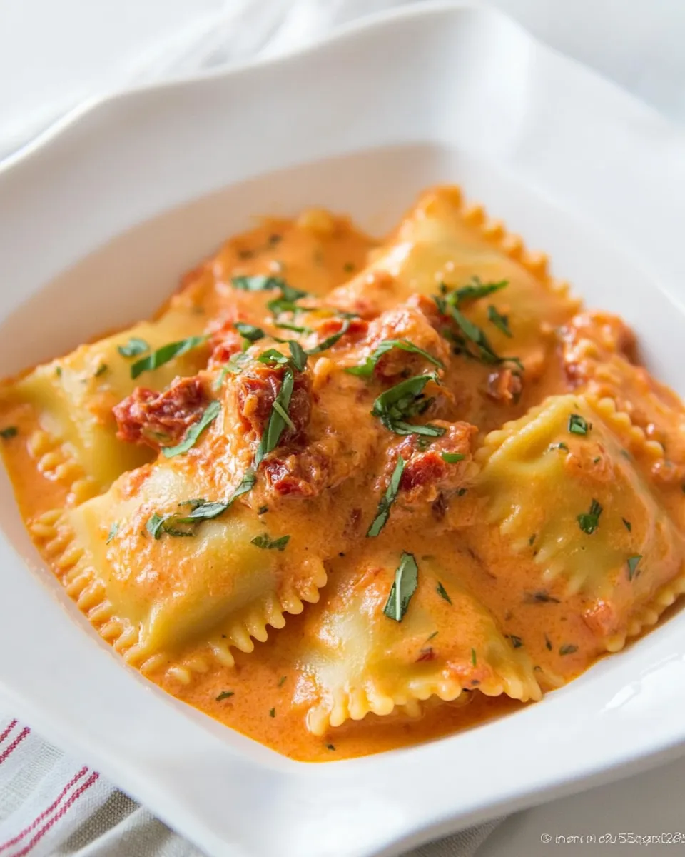 Ravioli with Creamy Sun-dried Tomato and Basil Sauce - ForkandPan